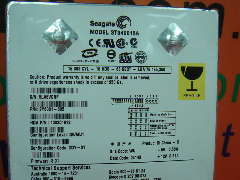 SEAGATE ST340015A 40GB IDE - 裕益科技自動化設備可程式編碼器PLC分散式控制系統DCS
